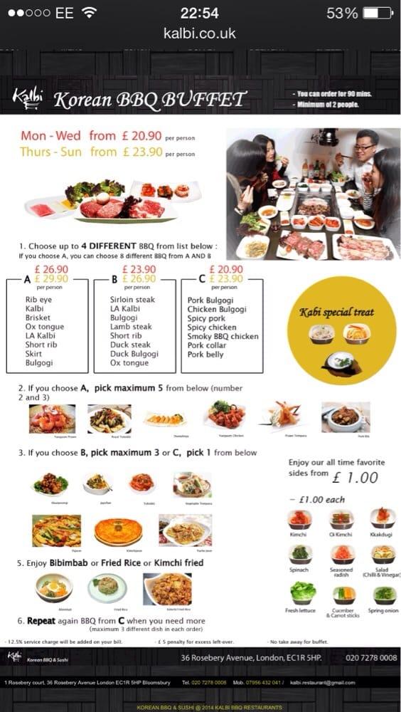 Menu at Kalbi Korean BBQ, London, 1-2 Rosebery Ave