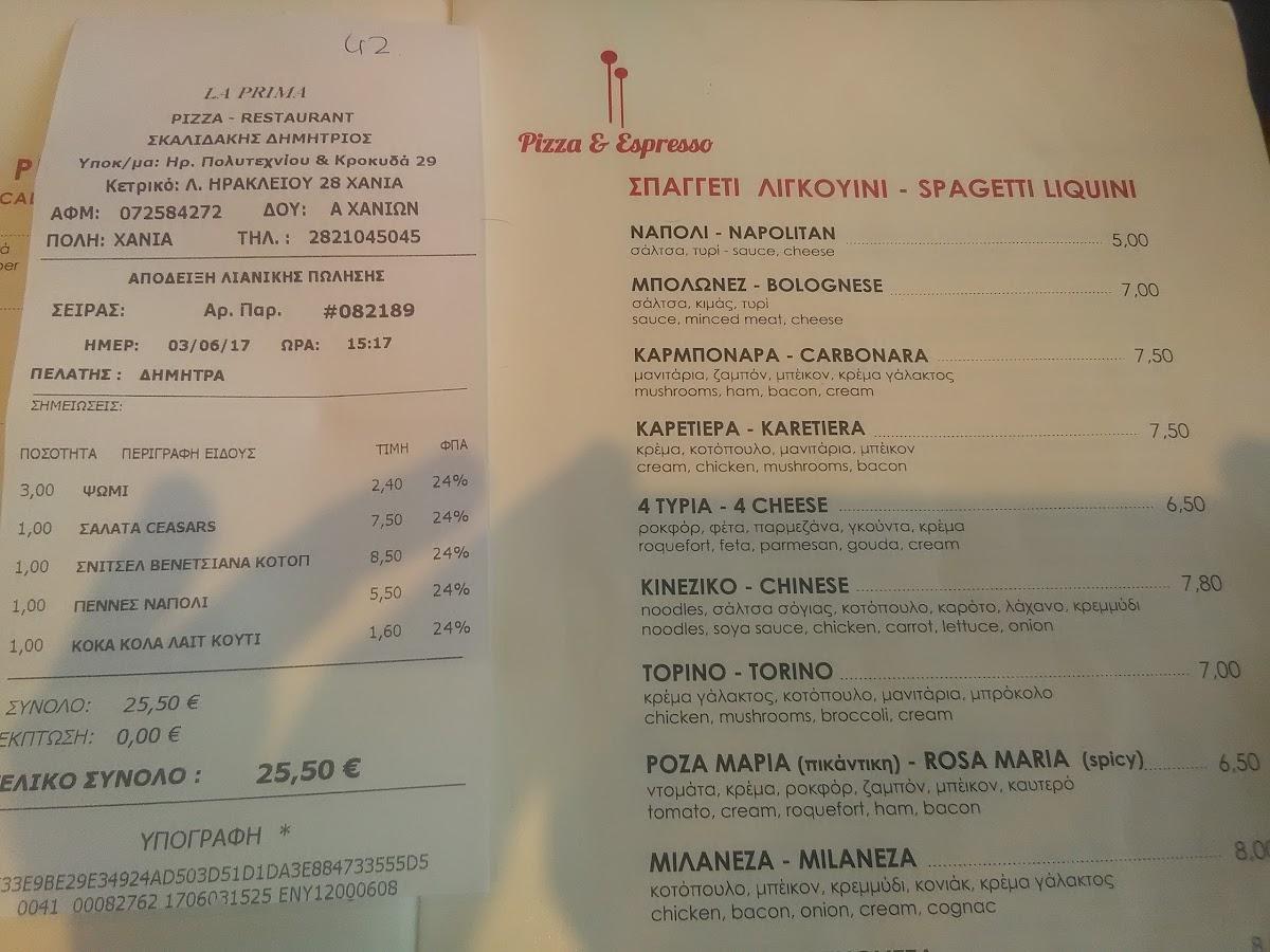 Menu at La Prima, Chania, Ir. Politechniou 29-31