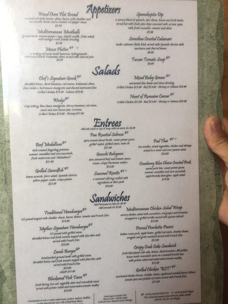 Menu at Mythos Restaurant, Orlando
