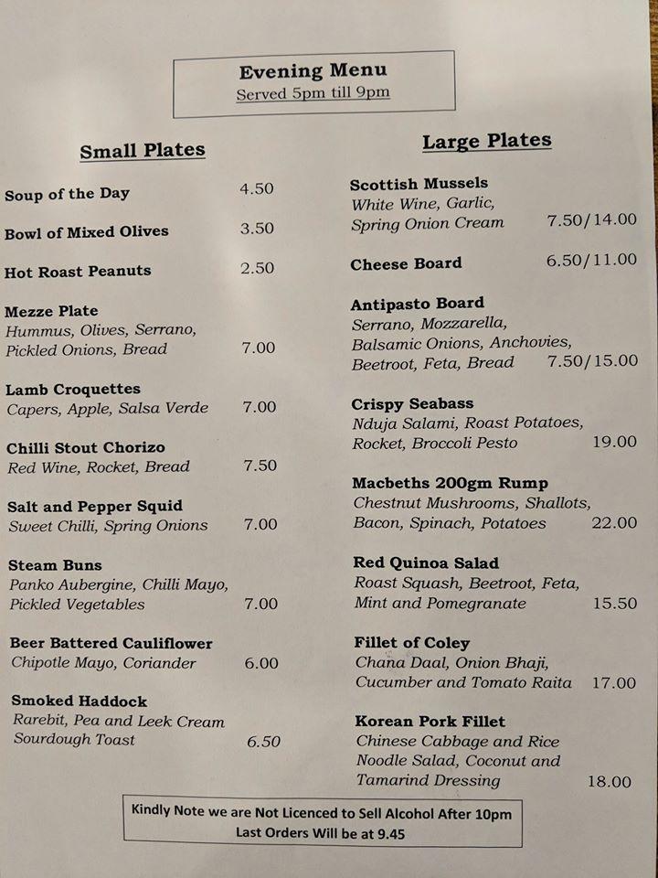 Menu at One One Two on the Brae pub & bar, Nairn