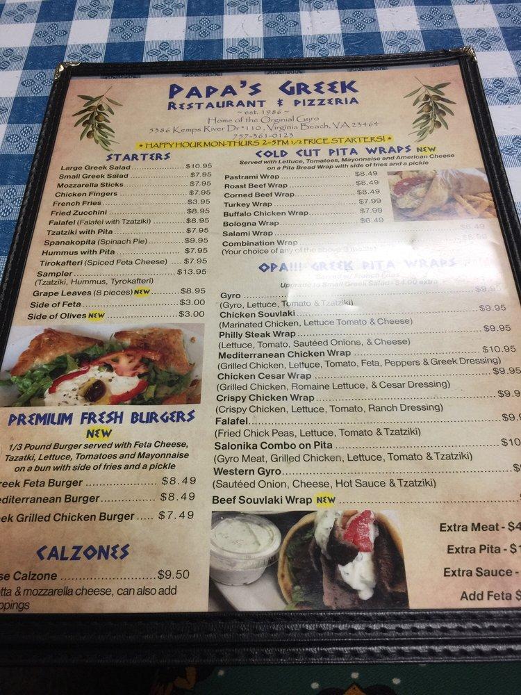 Menu at Papa's Greek family restaurant, Papas pizza, Virginia Beach
