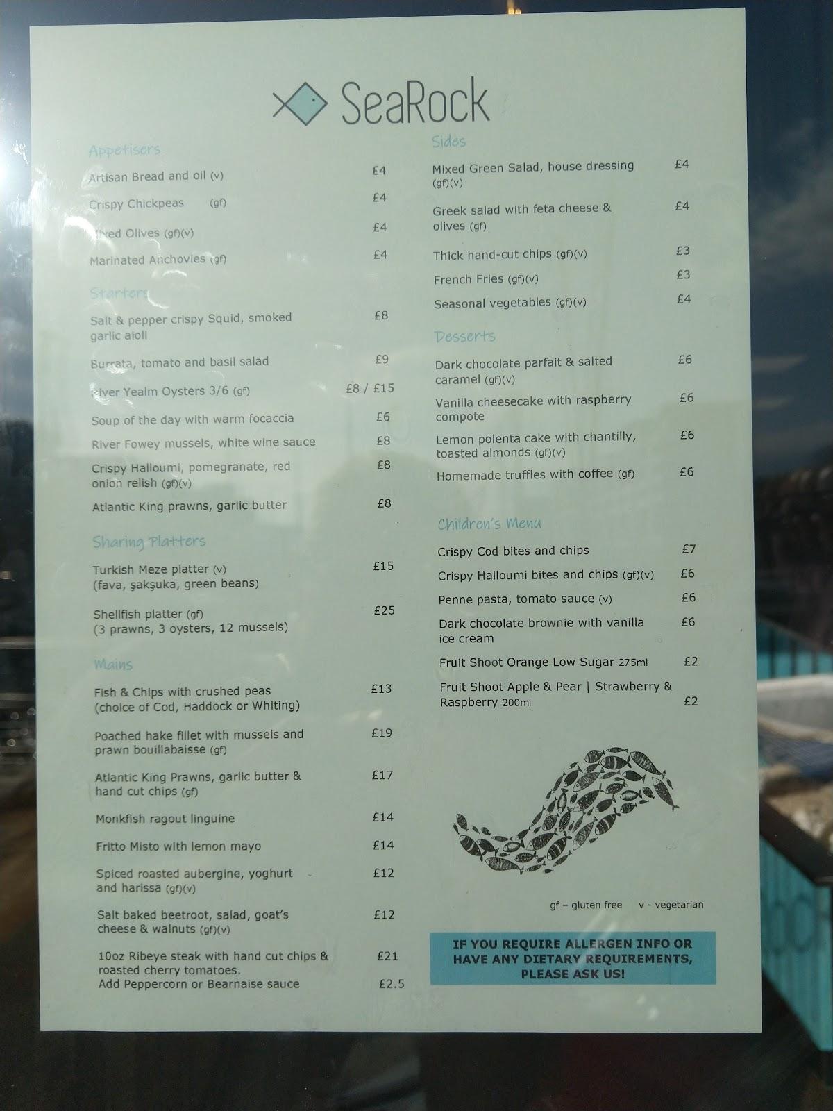 Menu at SeaRock restaurant, Portishead