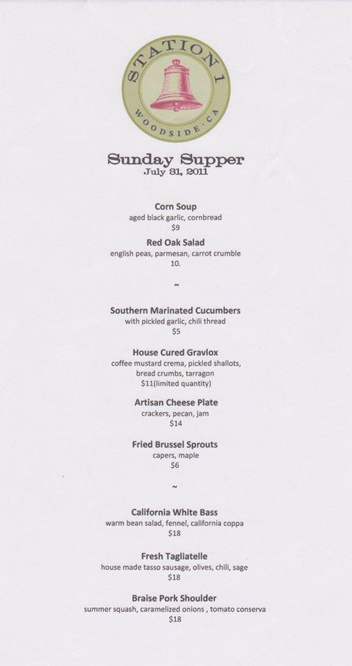 Menu at Station 1 Restaurant, Redwood City