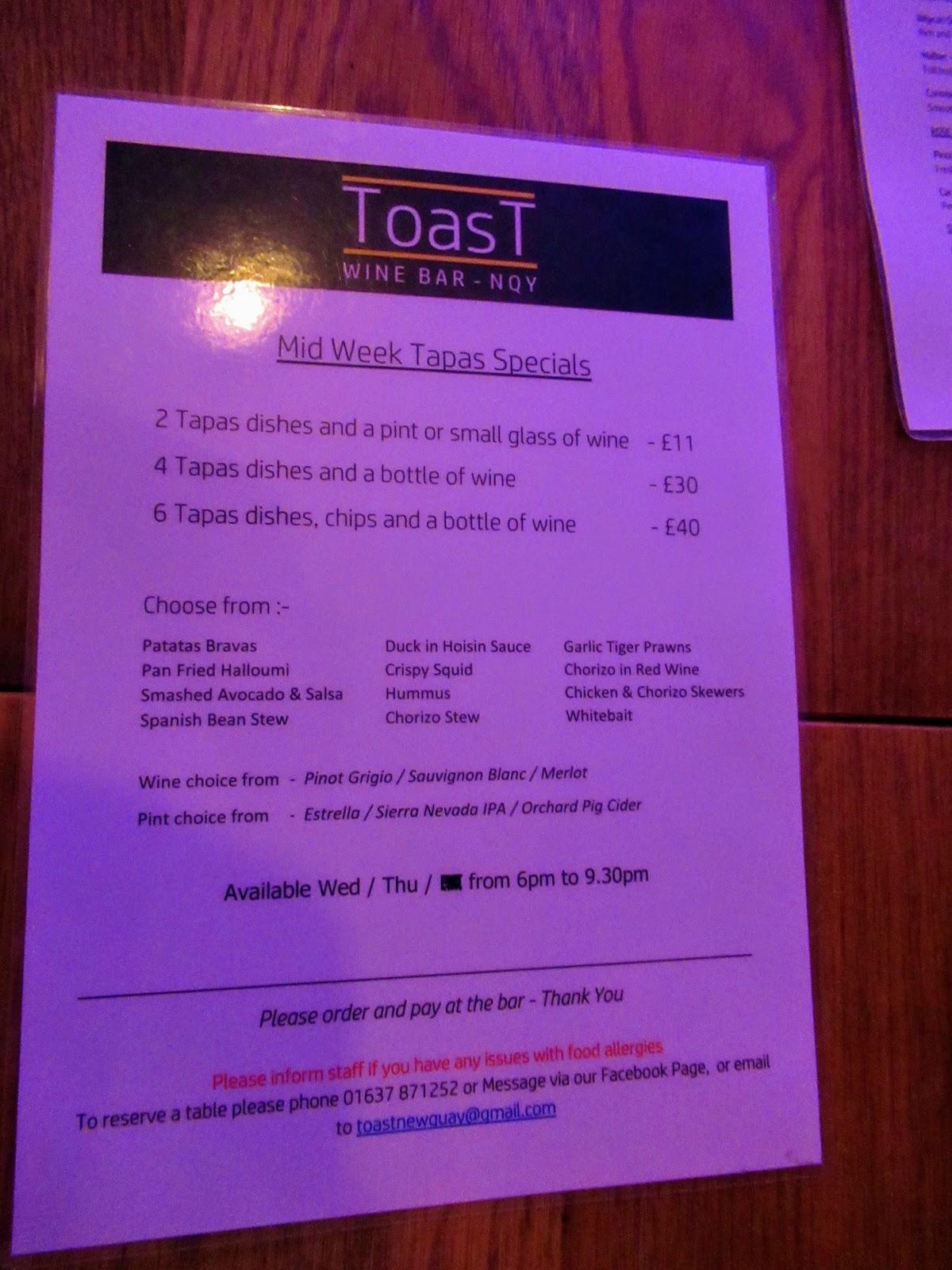 Menu at Toast Tapas & Bar, Newquay