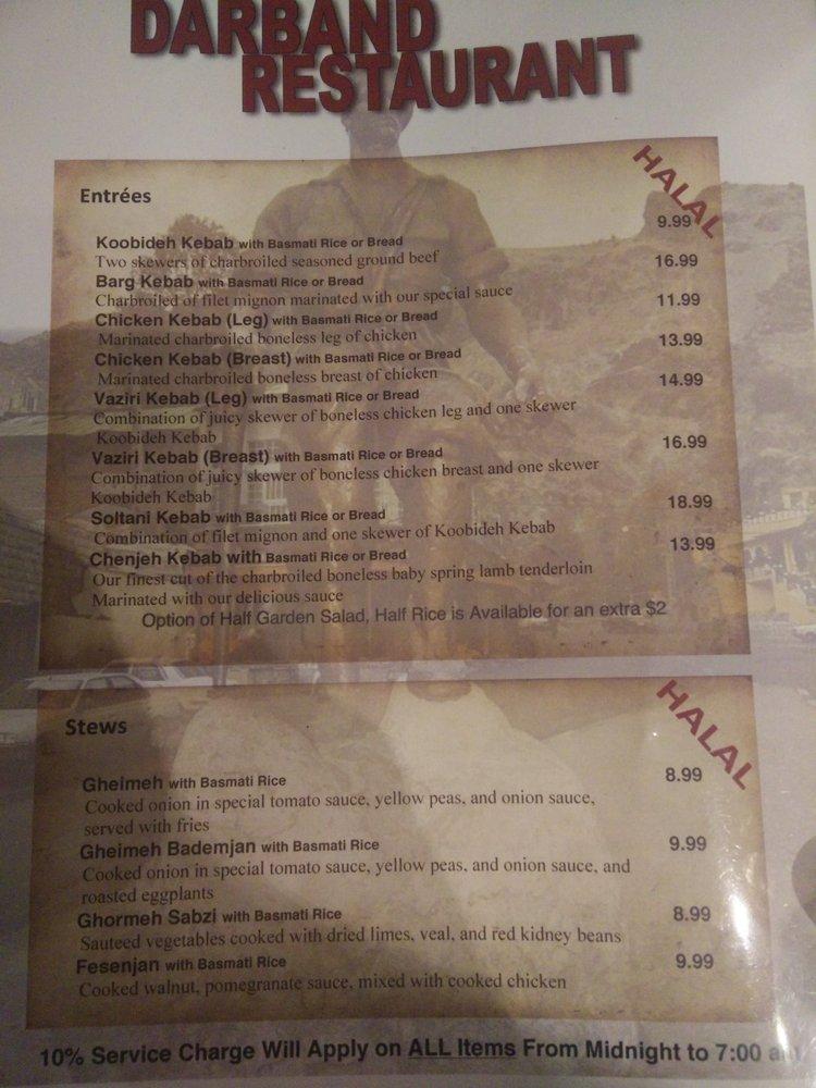 Menu at Darband Restaurant, Toronto