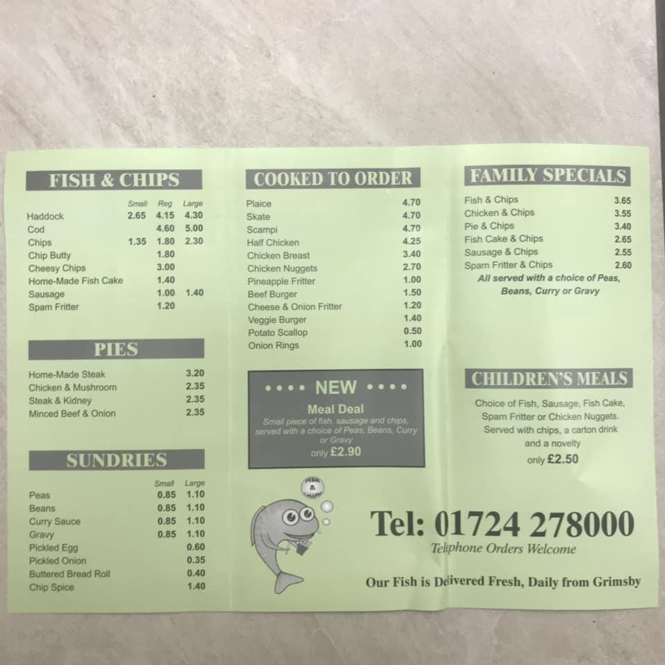 Menu at Harry's Fish & Chip Shop restaurant, Scunthorpe