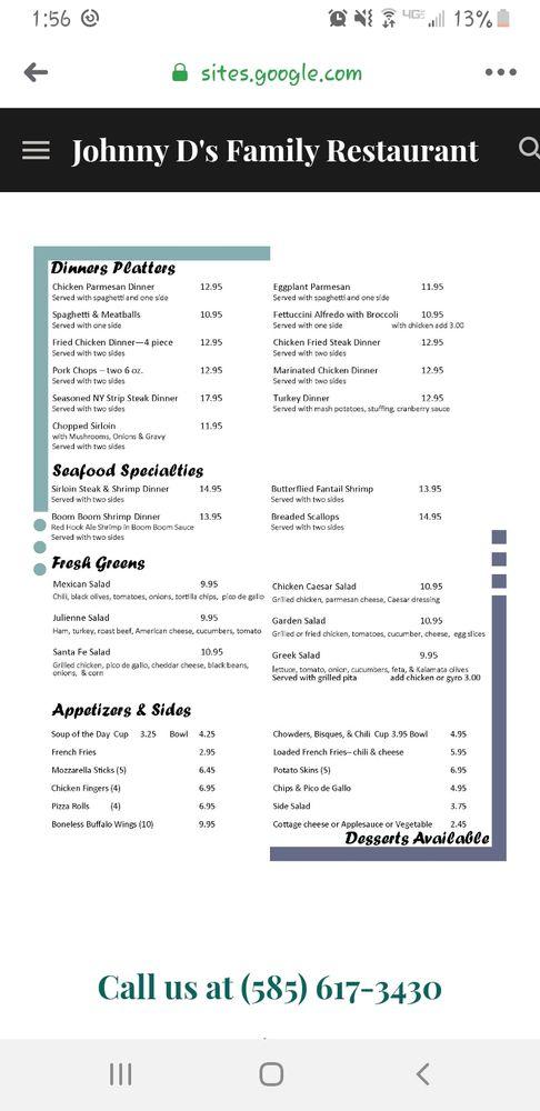 Menu at Johnny D's Family Restaurant, Spencerport