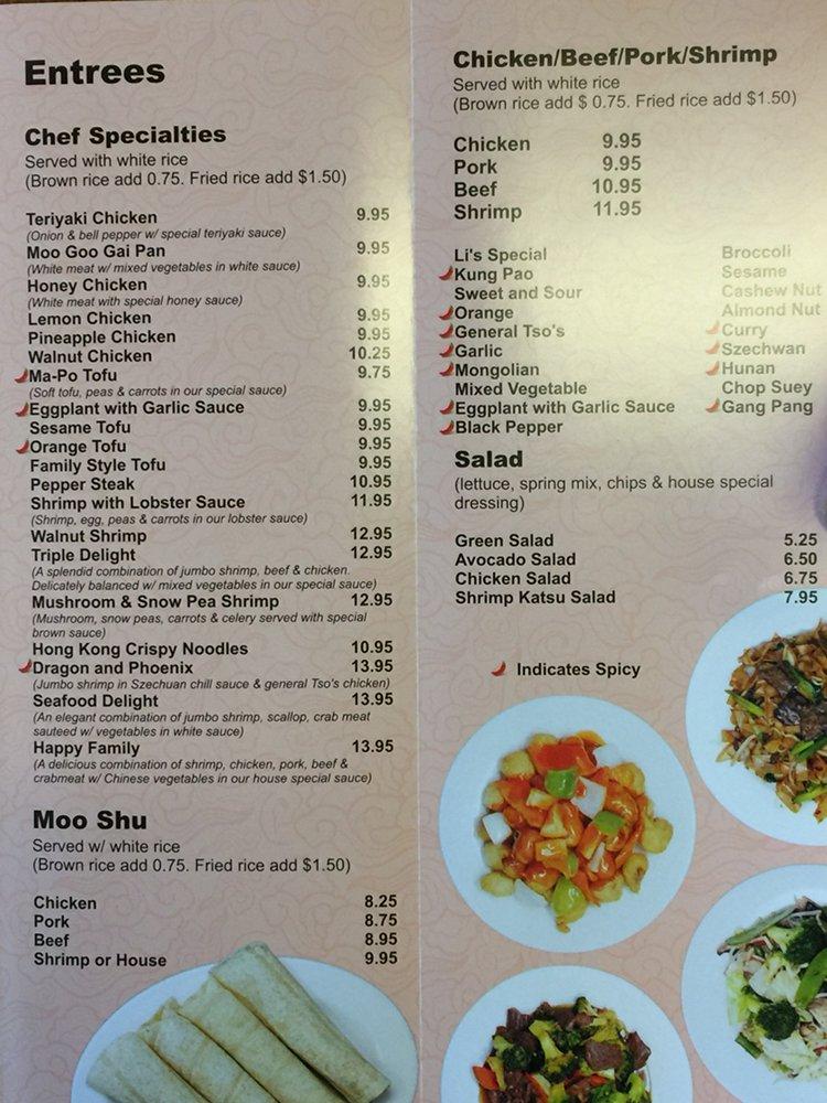 Menu at Li's Asian restaurant, Tempe