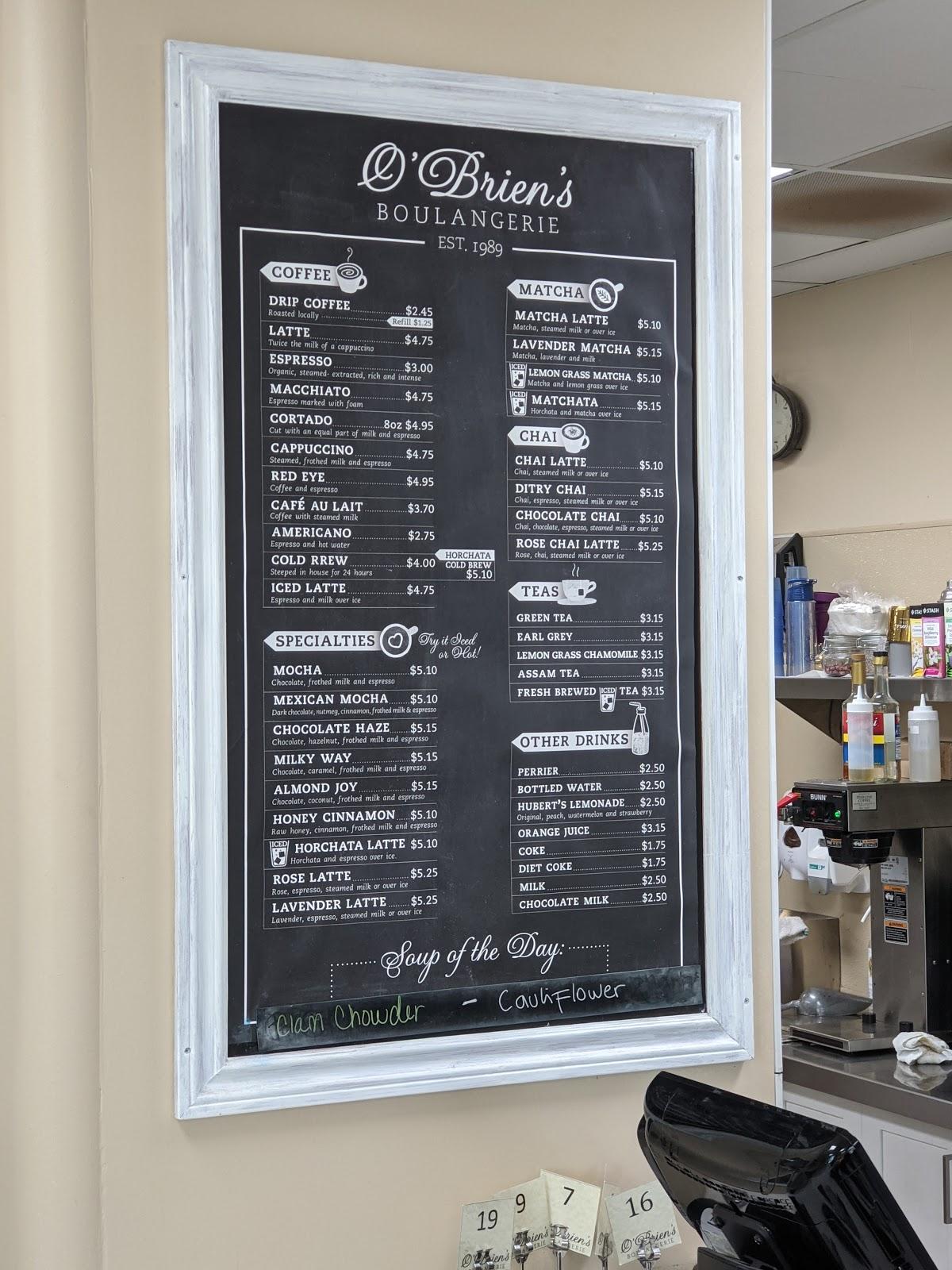 Menu at O'Brien's Boulangerie cafe, Poway