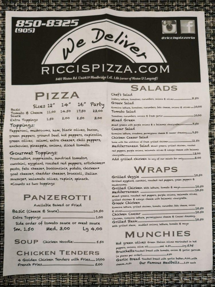Menu at Ricci's Pizzeria & Sandwich Shoppe, Vaughan