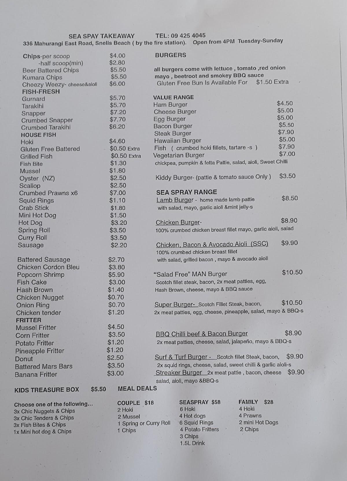Menu at Seaspray Takeaways restaurant, Snells Beach