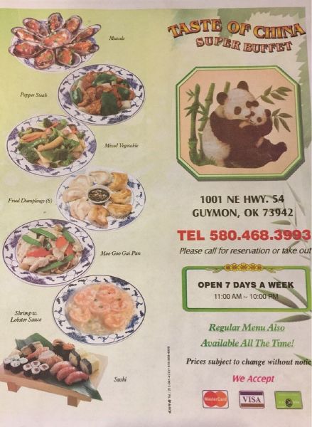 Menu at Taste of China restaurant, Guymon