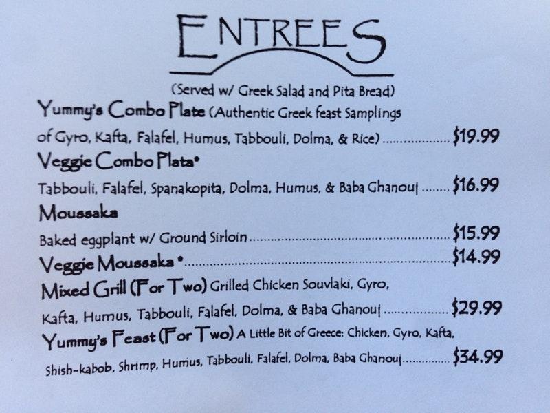 Menu at Yummy's Greek Restaurant, Denton