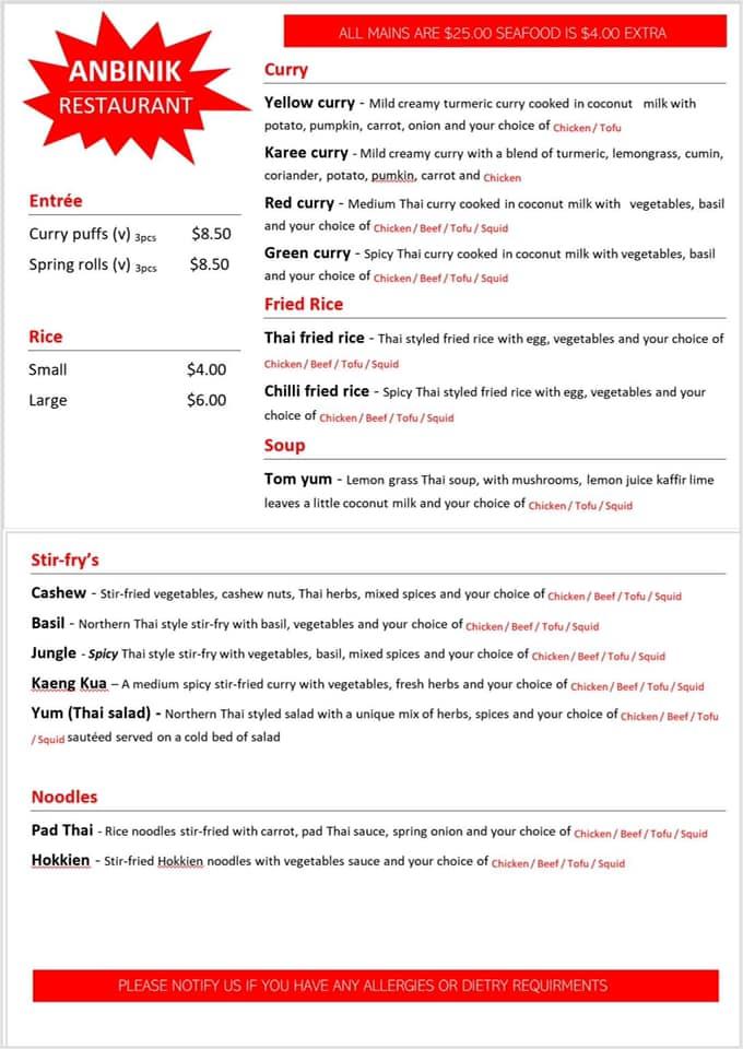 Menu at Anbinik Restaurant, Jabiru