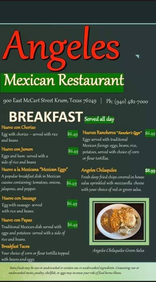 Menu at Angeles Mexican Restaurant, Krum