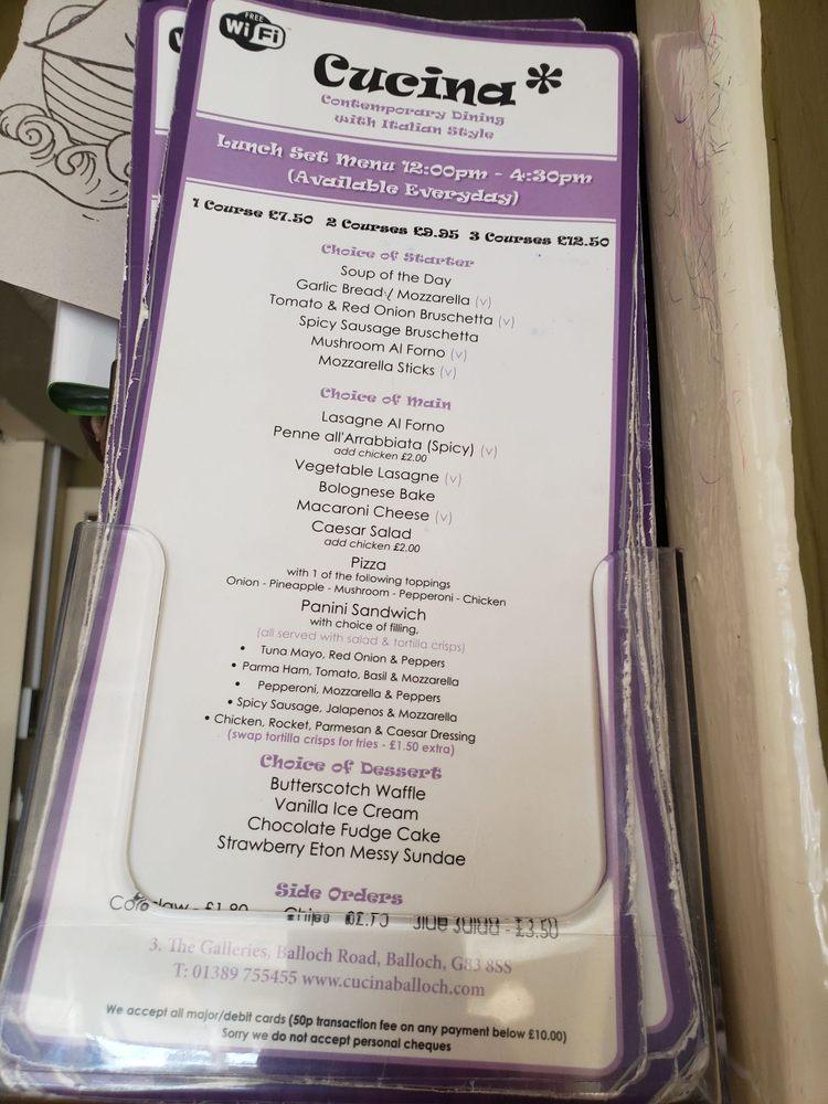 Menu at Cucina restaurant, Balloch