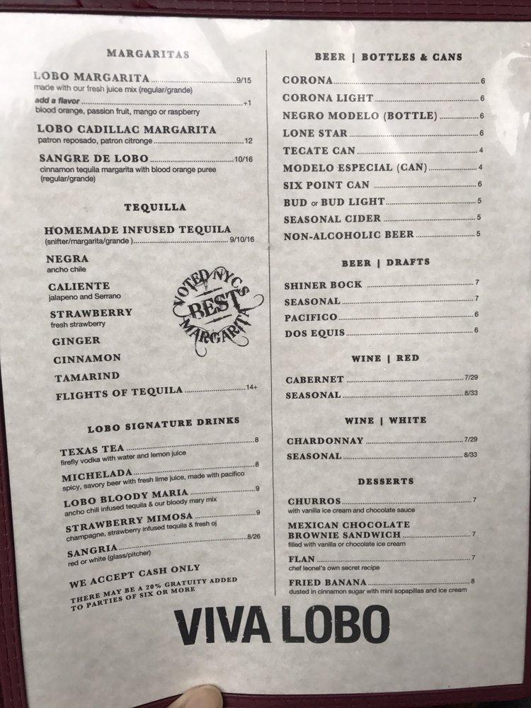 Carta del pub y bar Lobo, Nueva York, 218 Court St