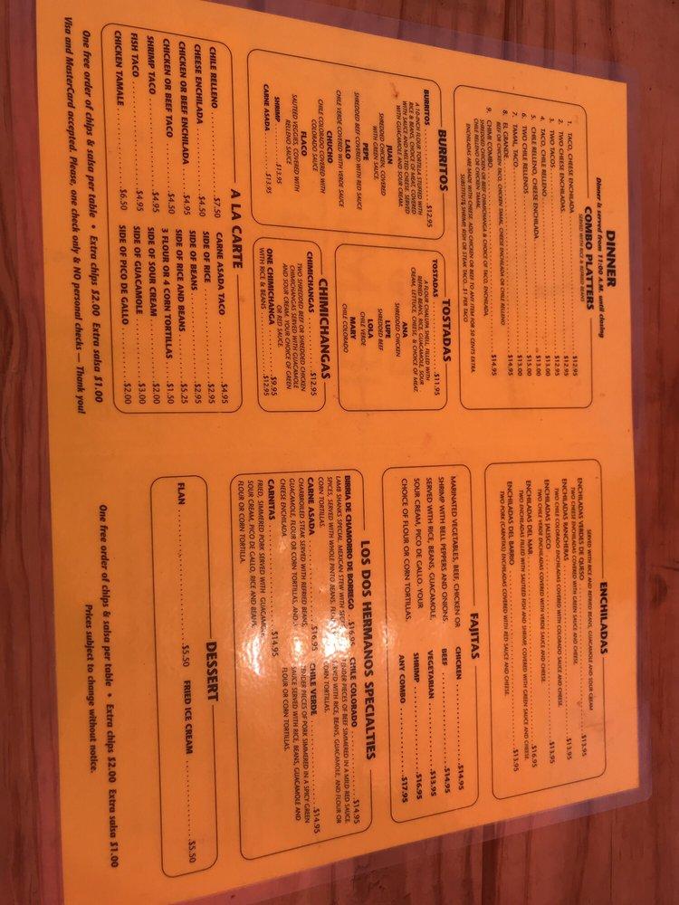 Menu at Los Dos Hermanos restaurant, Sierraville, 101 Battelle St