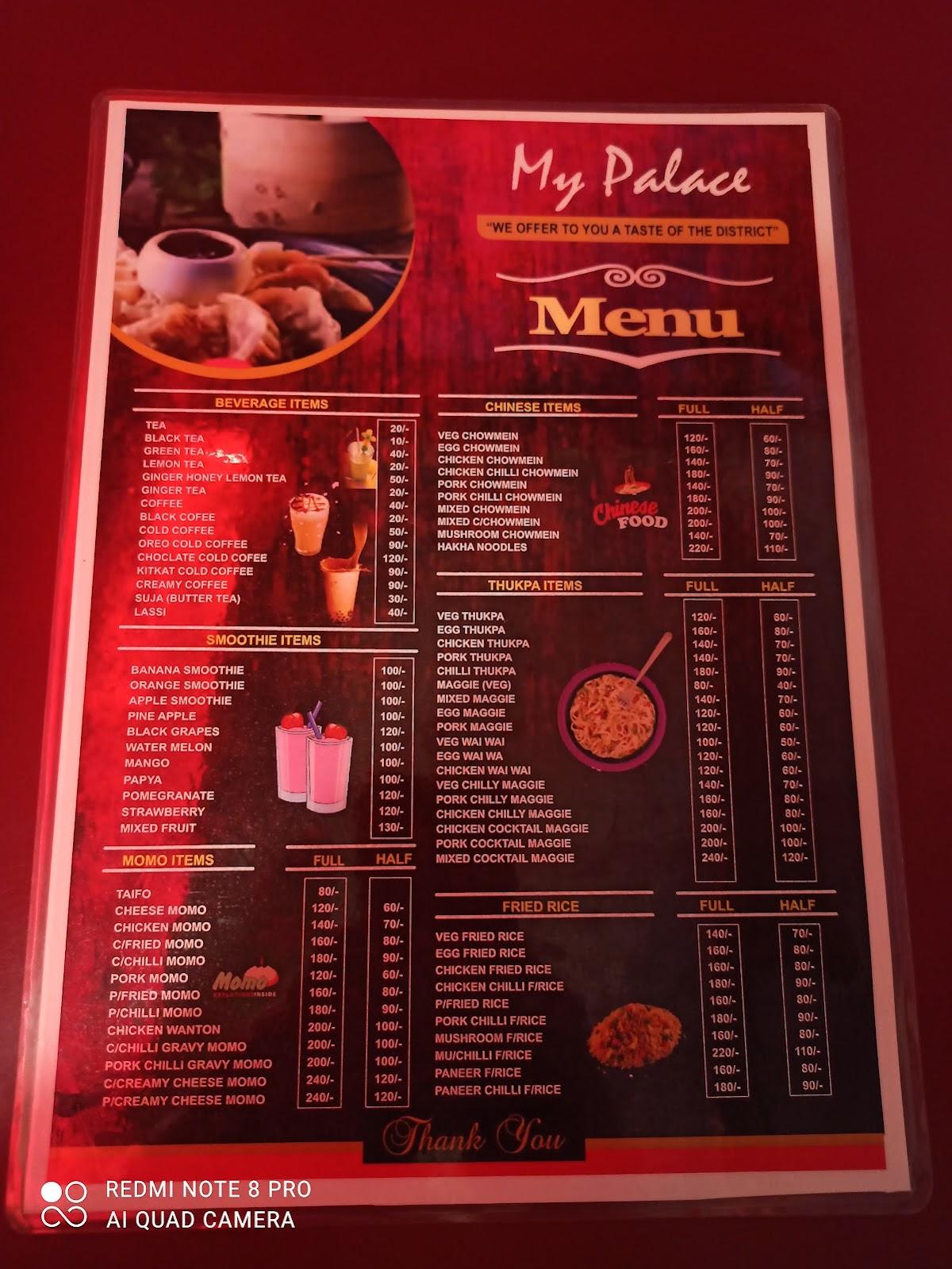 Menu at My palace, India