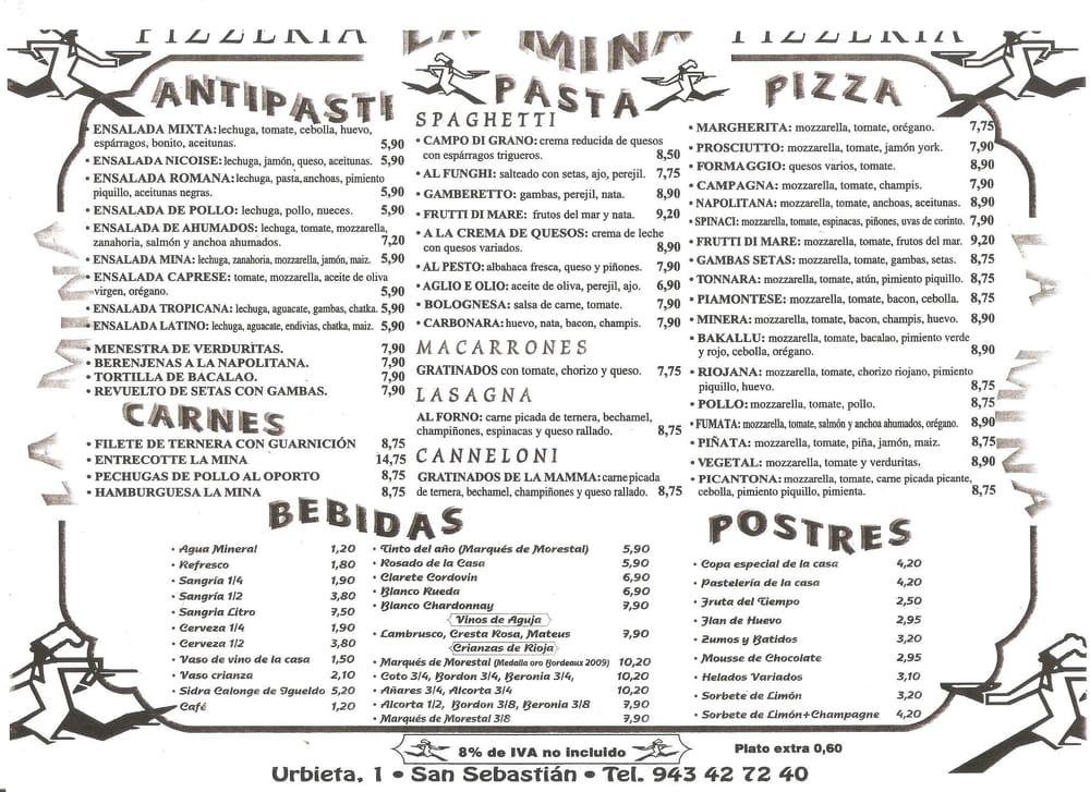 Menu at Pizzería La Mina, San Sebastián