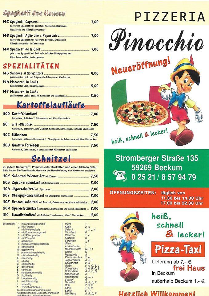 Menu at Pizzeria Pinocchio, Beckum, Stromberger Str. 135