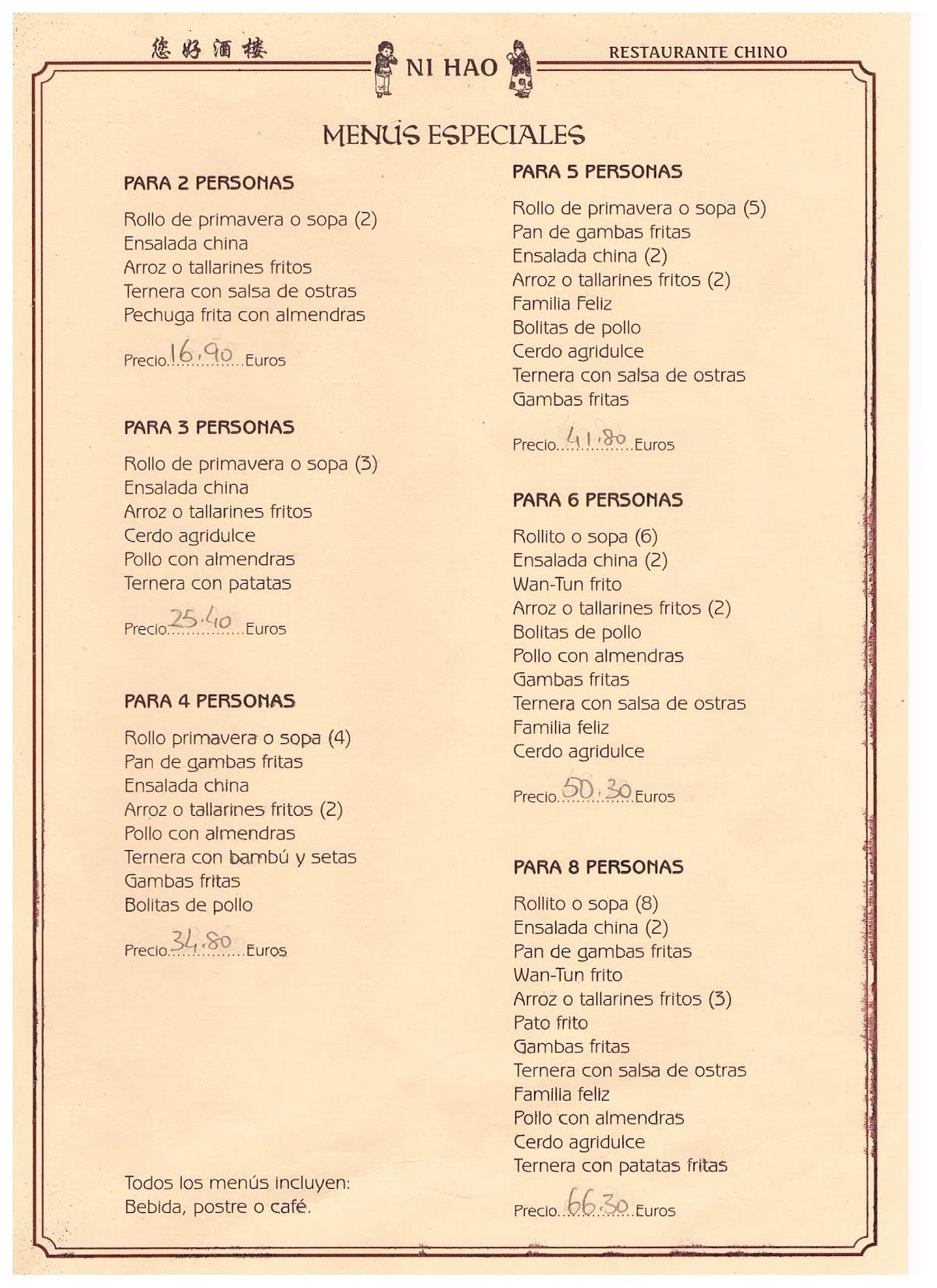 Carta de Restaurante Ni Hao, Elche