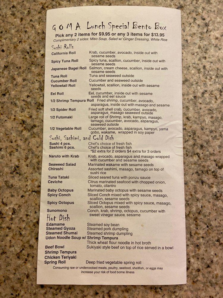 Menu at Sushi Goma restaurant, Port St. Lucie