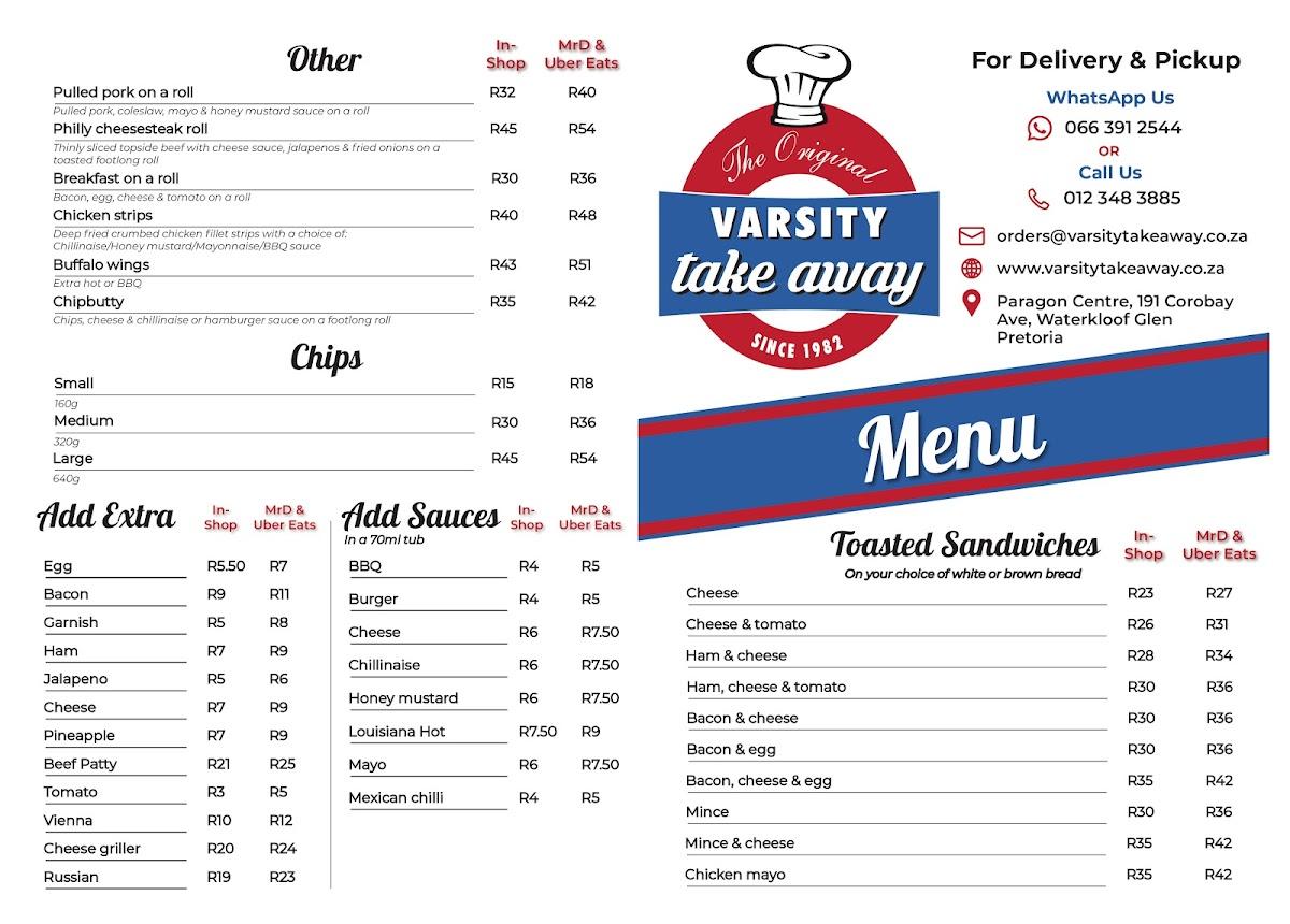 Menu at Varsity Take Away restaurant, Pretoria