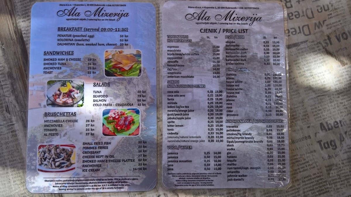 Menu at Ala Mizerija pub & bar, Dubrovnik