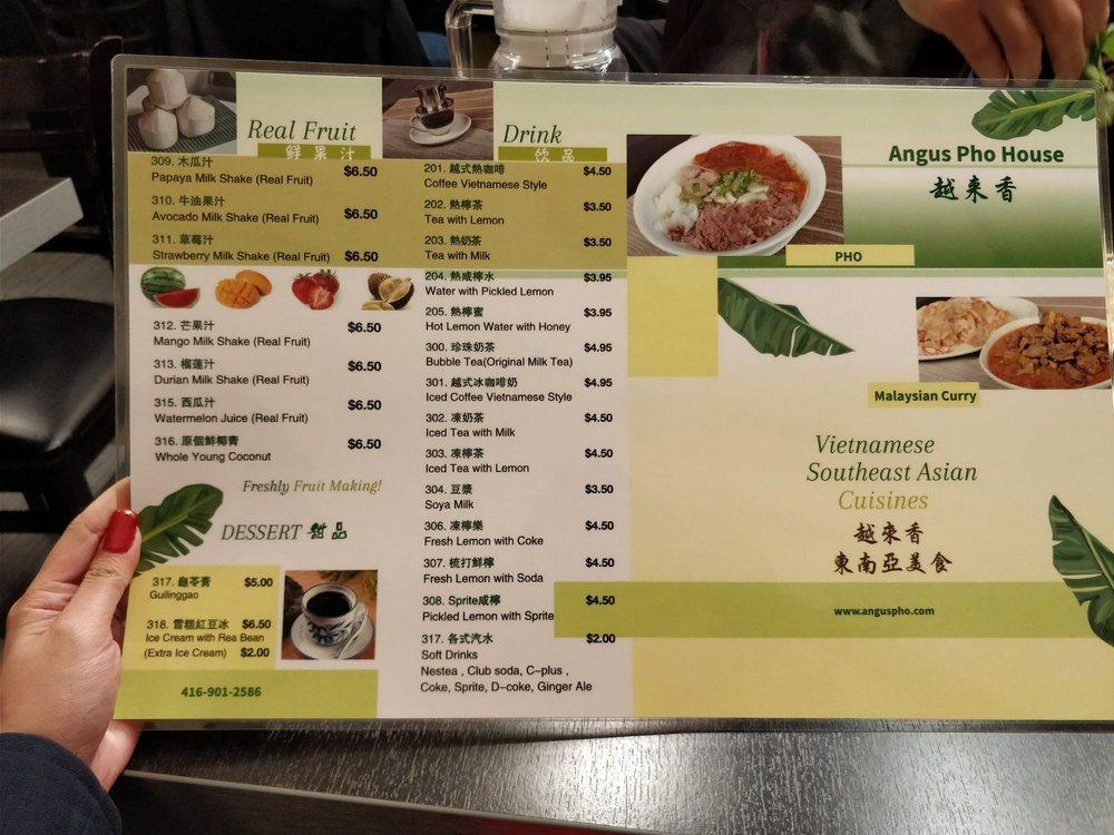 Menu at Angus Pho House restaurant, Toronto
