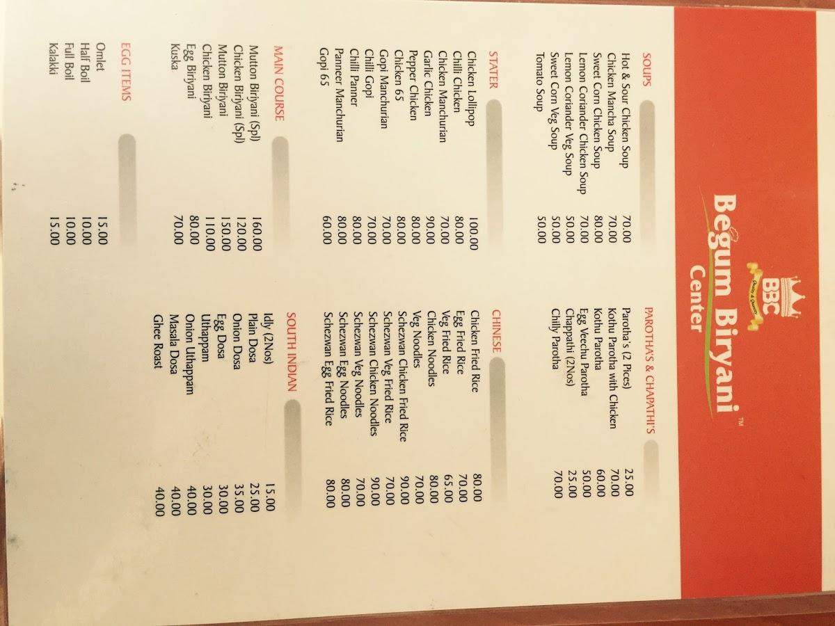 Menu at Begum Biryani Center, Chennai
