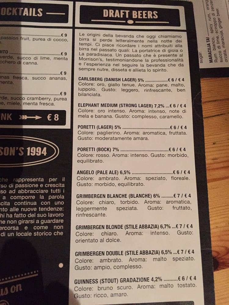 Menu at Morrison's pub & bar, Rome