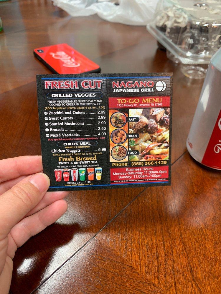 Menu at Nagano Japanese Grill restaurant, Sevierville