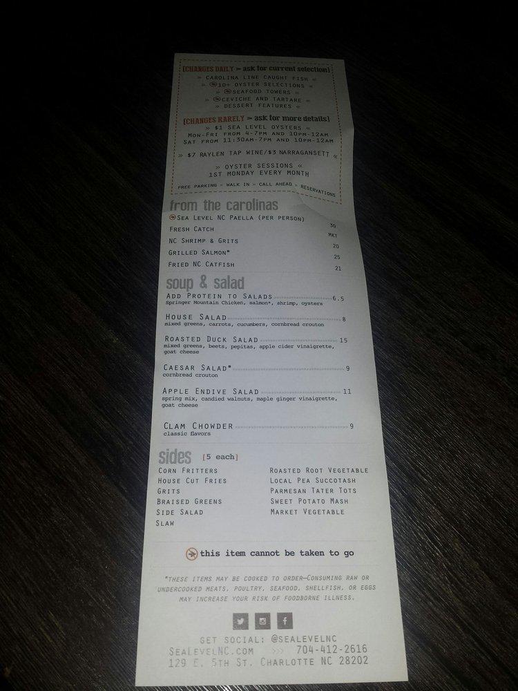 Menu at Sea Level NC pub & bar, Charlotte