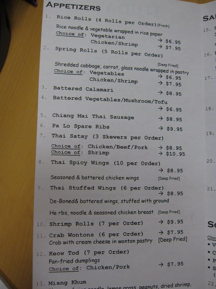 Menu at Thida's Thai Restaurant, Winnipeg