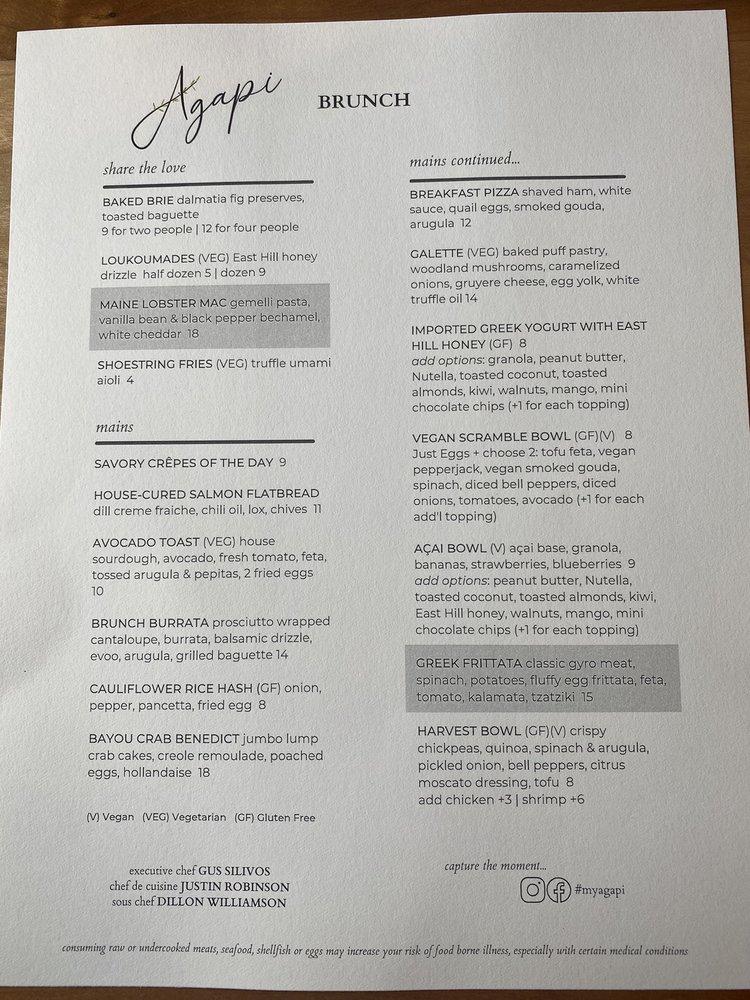 Menu at Agapi Bistro + Garden pub & bar, Pensacola