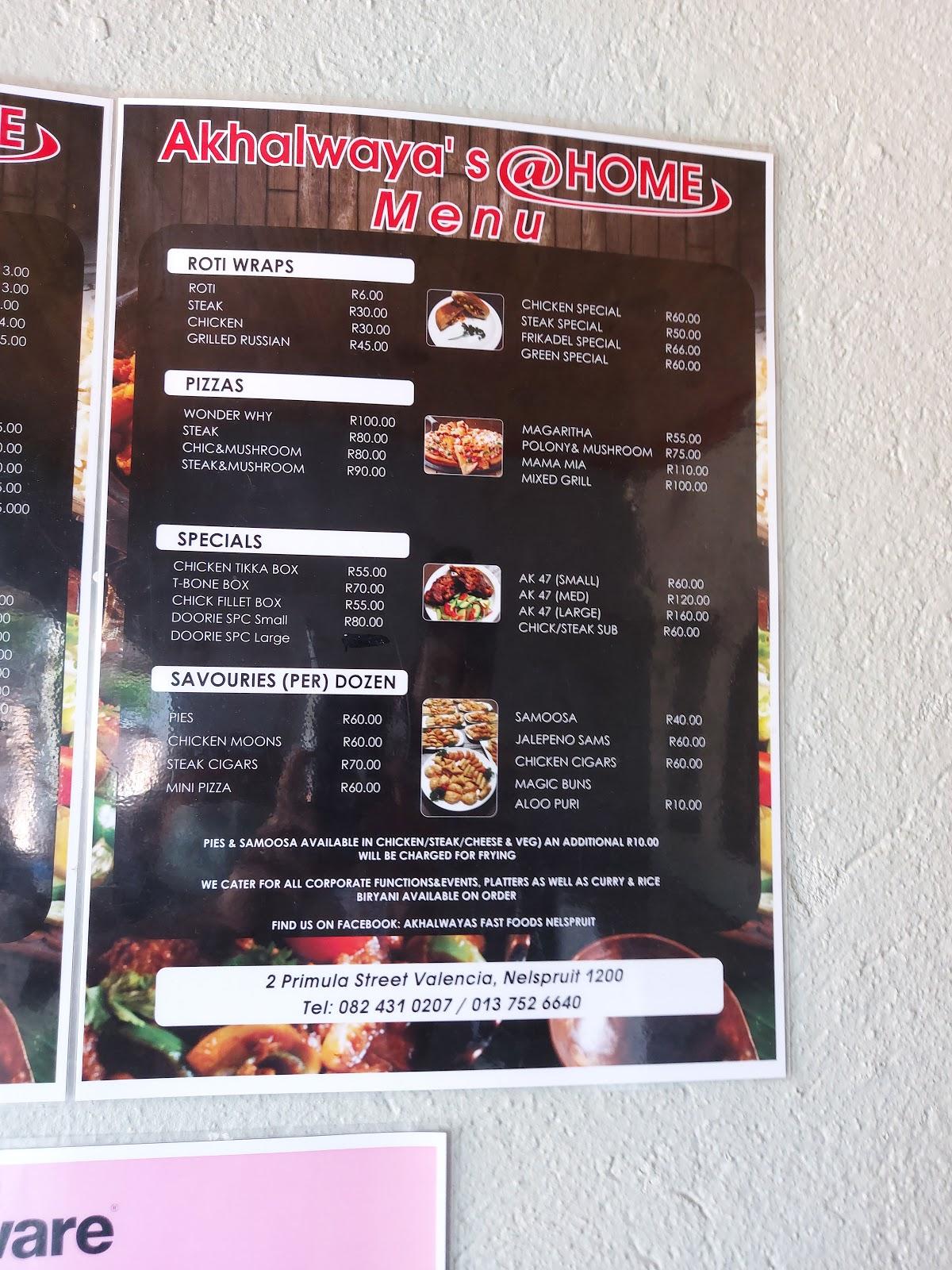 Speisekarte von Akhalwayas Foods restaurant, Mbombela