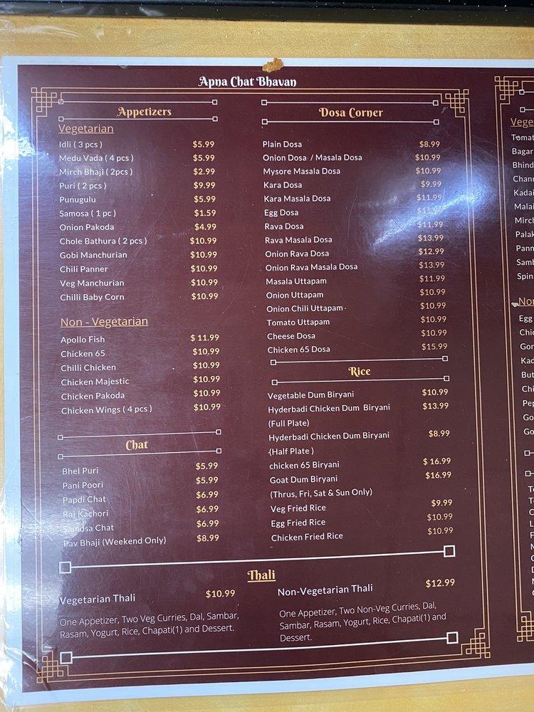 Menu at Apna Chat Bhavan restaurant, Beaverton