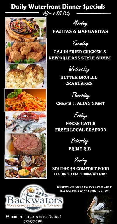 Menu at Backwaters restaurant, Clearwater