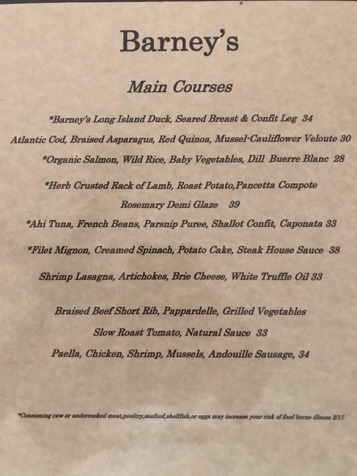 Menu at Barney's Restaurant, Locust Valley