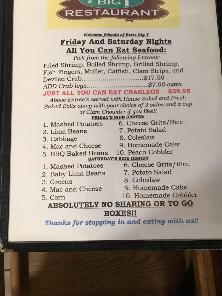 Menu at Bett's Big T Restaurant, Chiefland