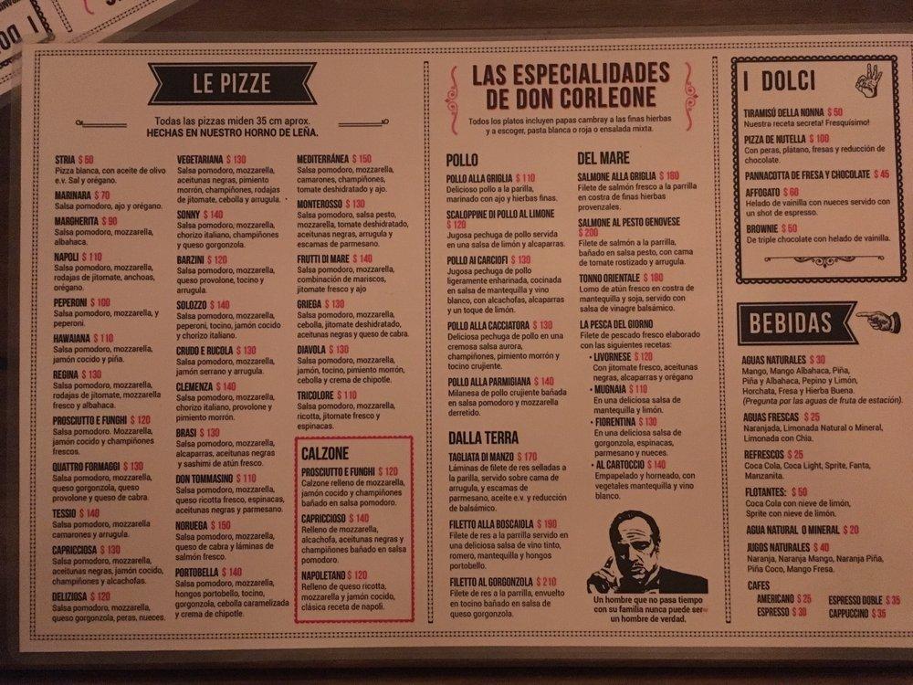 Carta de pizzería Don corleone cucina italiana, Cancún