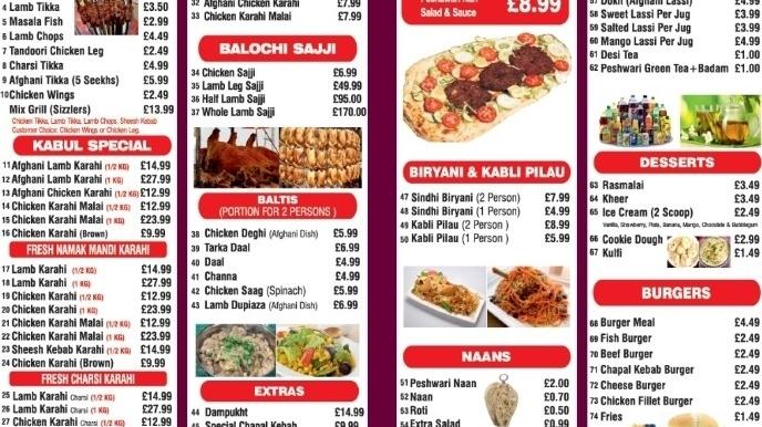 Menu at Kabul Darbar Alumrock Road, Birmingham