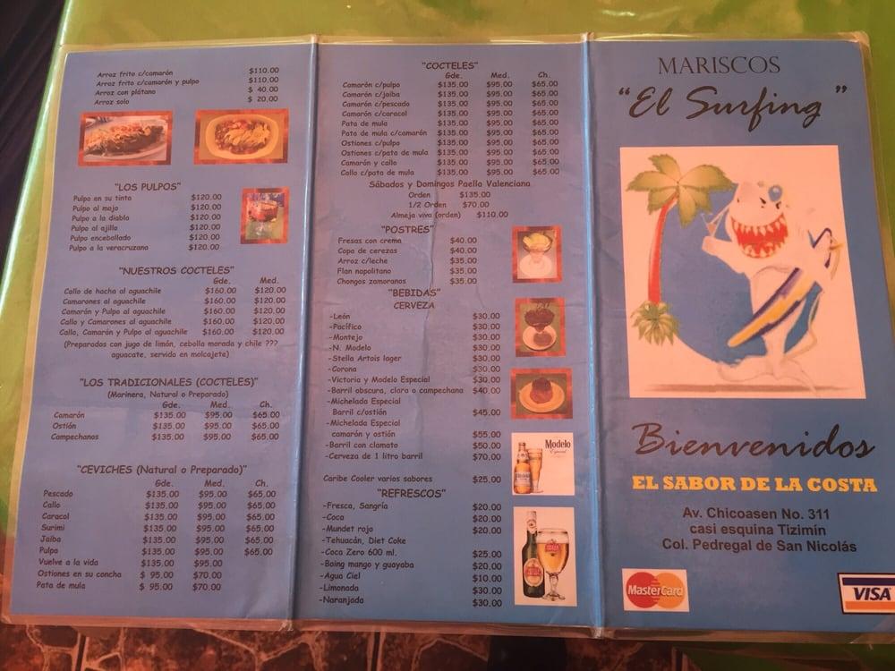 Menu at Mariscos El Surfing restaurant, Mexico City