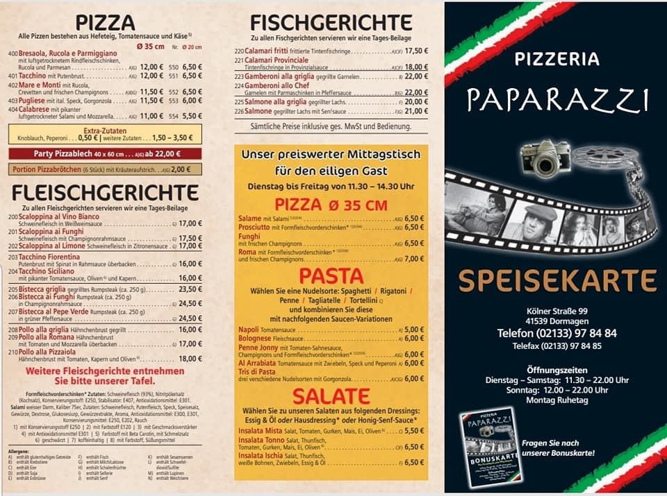 Speisekarte von Pizzeria Paparazzi, Dormagen