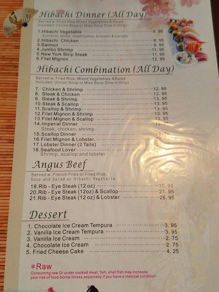Menu at Sakura restaurant, Houma