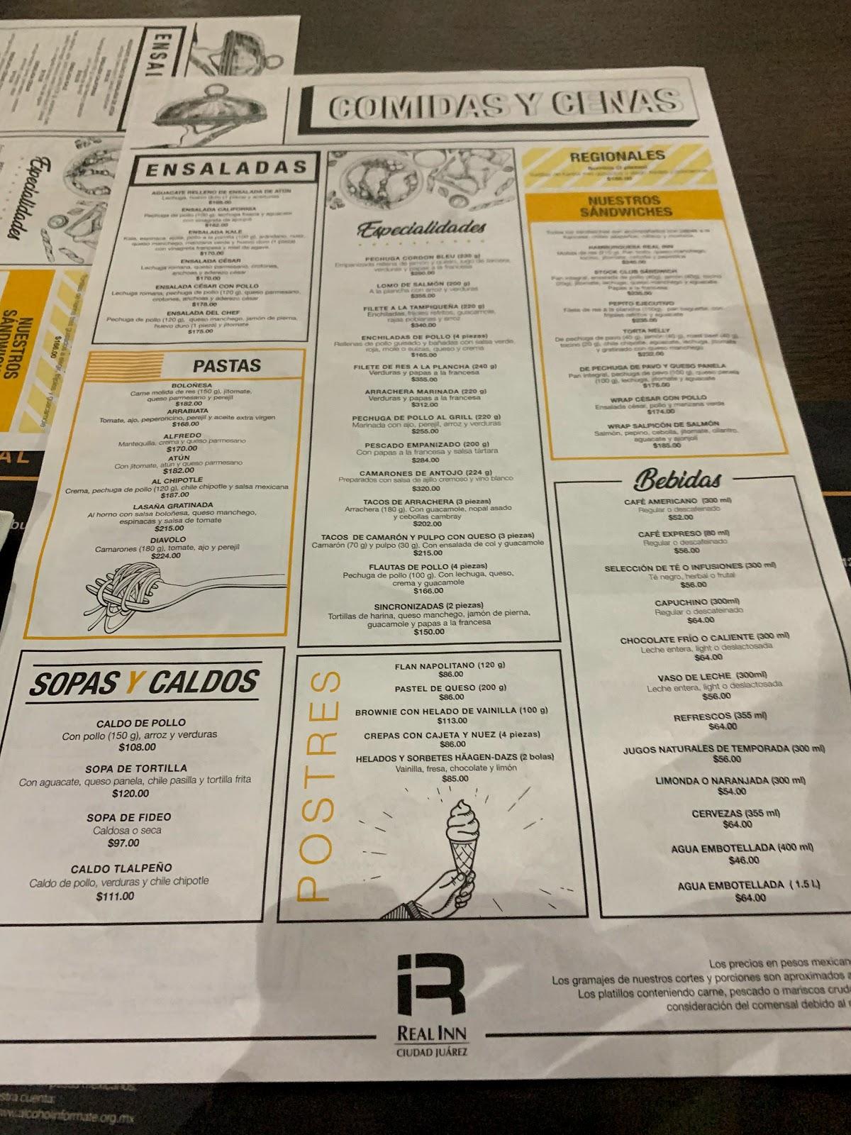 Menu at Stock Cafe, Ciudad Juarez