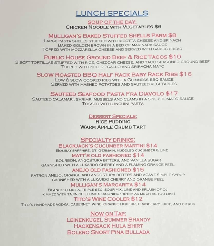 Menu at Blackjack Mulligan's Public House, Hawthorne