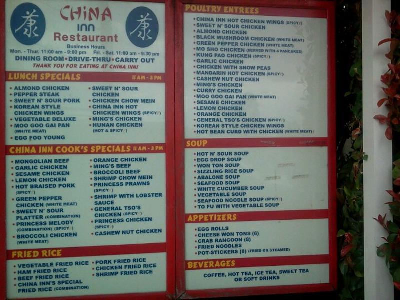 Menu at China Inn restaurant, Texarkana, N State Line Ave