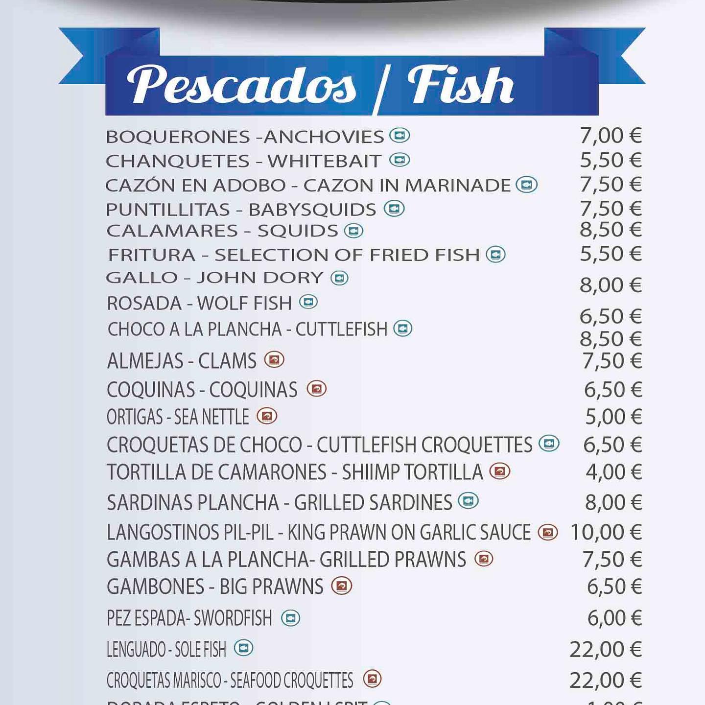 Menu at Chiringuito Carrero restaurant, Torreguadiaro